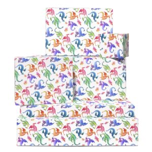 central 23 kids wrapping paper - 6 sheets of colorful gift wrap and tags - dragons - birthday wrapping paper for boys girls - comes with stickers - eco-friendly