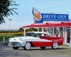 drive inn with 1957 oldsmobile car cotton fabric panel 36 x 44 david textiles dx 3408