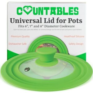 universal lid for pots, pans and skillets - tempered glass with heat resistant silicone rim fits 6", 7" and 8" diameter cookware, lime green, replacement lid for frying pan and cast iron skillet