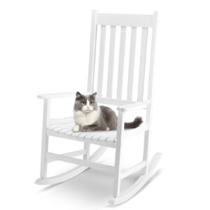 outvita outdoor rocking chair, solid wood high back rocker, all weather lounge chair for porch patio fire pit garden backyard deck indoor, white