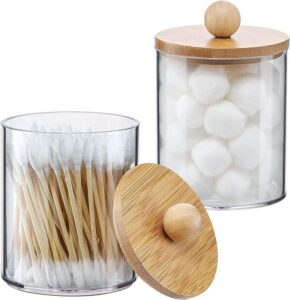 cosmetic organizer for qtip holder dispenser cotton balls cotton swabs clear plastic storage box makeup organizer with bamboo lid cotton swab holder container dispenser