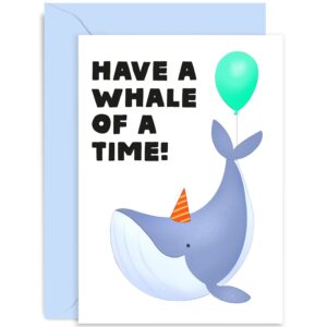 old english co. whale of a time birthday card for him or her - cute whale birthday card for sister, brother, son, daughter | blank inside with envelope