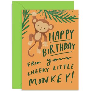 old english co. little monkey birthday card to daddy mummy - cheeky monkey fun card for dad mum birthday from son or daughter | blank inside with envelope