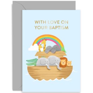 old english co. noah's ark baptism card for boy or girl - cute animal bapsitm card for godson, godaughter, niece, nephew, grandchild | blank inside with envelope