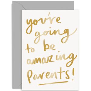 old english co. amazing parents to be card - baby announcement baby shower card for mummy and daddy - new baby gold foil card | blank inside with envelope