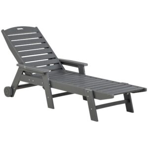 outsunny outdoor chaise lounge chair, waterproof pool furniture with reclining adjustable backrest & wheels for beach, tanning, poolside, patio, light gray