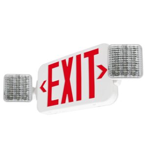 lfi lights | combo red exit sign with emergency lights | white housing | all led | two adjustable square heads | remote head capable | hardwired with battery backup | ul listed | combo2-r-w-rh