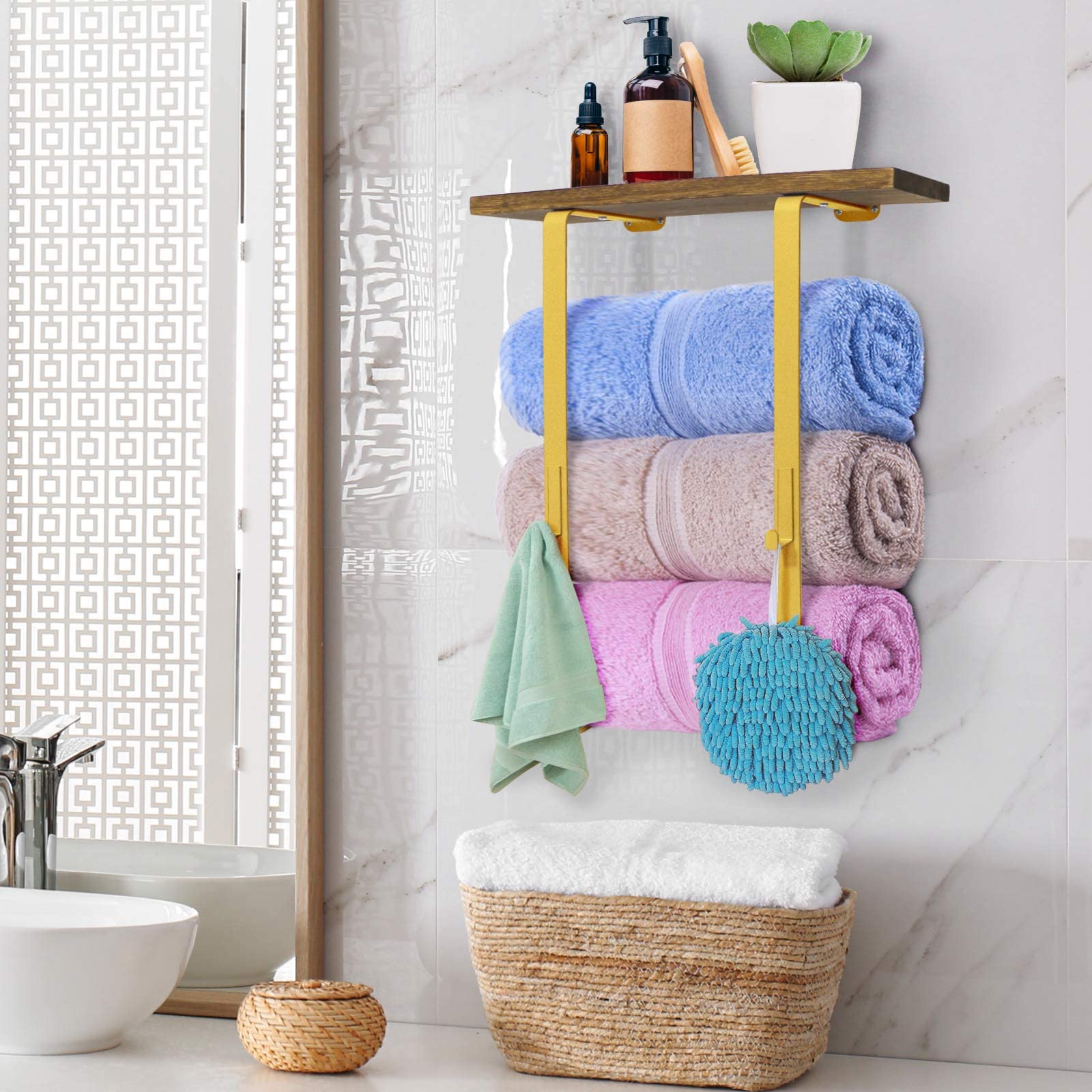 Ranslen Towel Racks Organizer for Bathroom Wall Mounted,Metal Towel Rack with Wooden Shelf and 2 Hooks,Black Storage Holder Organizer for Large/Small Towels,Hand Towels,Washcloths,Spa,RV,Matte Golden