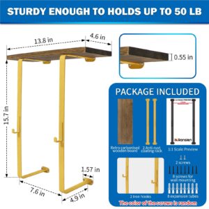 Ranslen Towel Racks Organizer for Bathroom Wall Mounted,Metal Towel Rack with Wooden Shelf and 2 Hooks,Black Storage Holder Organizer for Large/Small Towels,Hand Towels,Washcloths,Spa,RV,Matte Golden