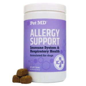 pet md allergy aid - puppy & dog allergy chews with quercetin & pumpkin - immune & seasonal allergy relief for dogs - skin & itch relief for dogs - 60 ct