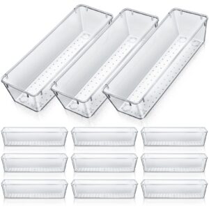 maitys 12 pcs vanity drawer organizer 9" x 3" x 2" clear plastic utensil organizers kitchen drawers dividers for office desk silverware kitchen utensils cosmetics and bathrooms (clear)