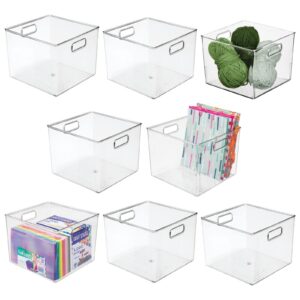 mdesign small modern plastic storage organizer bin basket with handles for craft room organization - shelf, cubby, cabinet, and closet organizing decor - 8 pack - clear