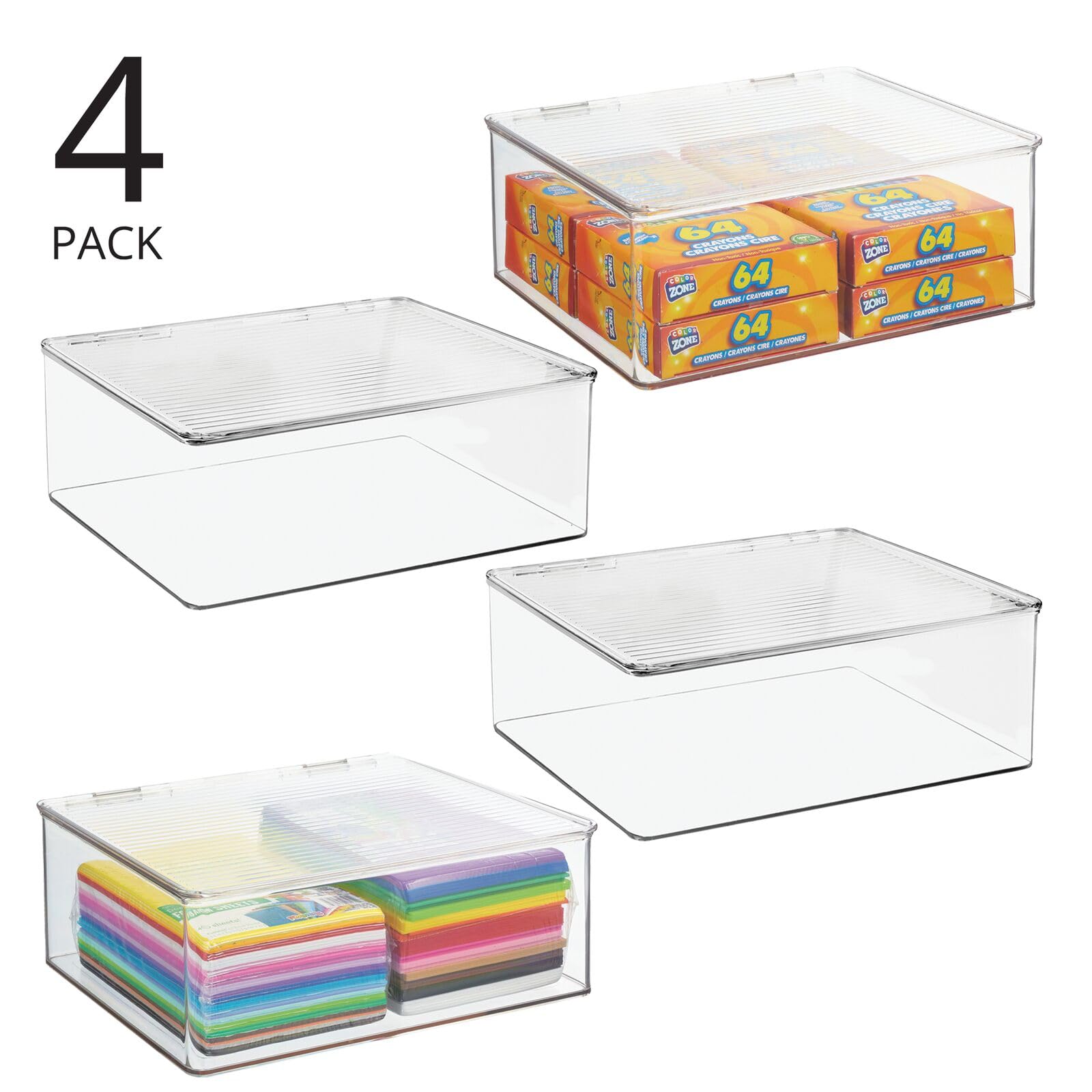 mDesign Plastic Craft Room Stackable Storage Organizer Box Containers with Hinged Lid for Thread, Beads, Ribbon, Glitter, Clay, Sewing, Crochet, Stamps, Scissors, Ligne Collection - 4 Pack - Clear