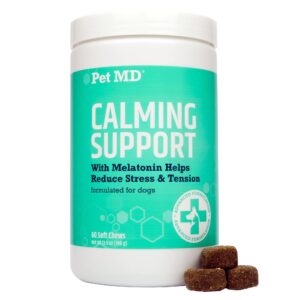 pet md calming chews for dogs - separation anxiety relief for dogs - enhanced with melatonin & ginger - puppy & dog calming treats for chronic or acute anxiety - 60 ct