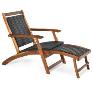 happygrill patio chaise lounge chair with retractable footrest, acacia wood lounge chair, rattan wicker folding chaise lounge, collapsible lounge chair for poolside patio garden porch