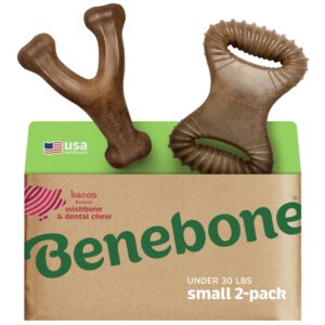 benebone 2 count (pack of 1) wishbone/dental durable dog chew toys, real bacon, made in usa, small