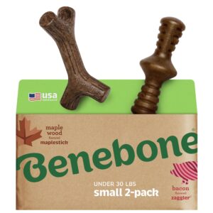 benebone 2-pack maplestick/zaggler durable dog chew toys, real maplewood, real bacon, made in usa small