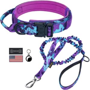 hotsky tactical dog collar and leash set, heavy duty military airtag dog collar with handle and metal buckle for training and walking, with airtag holder and two patches(purple camo, l)