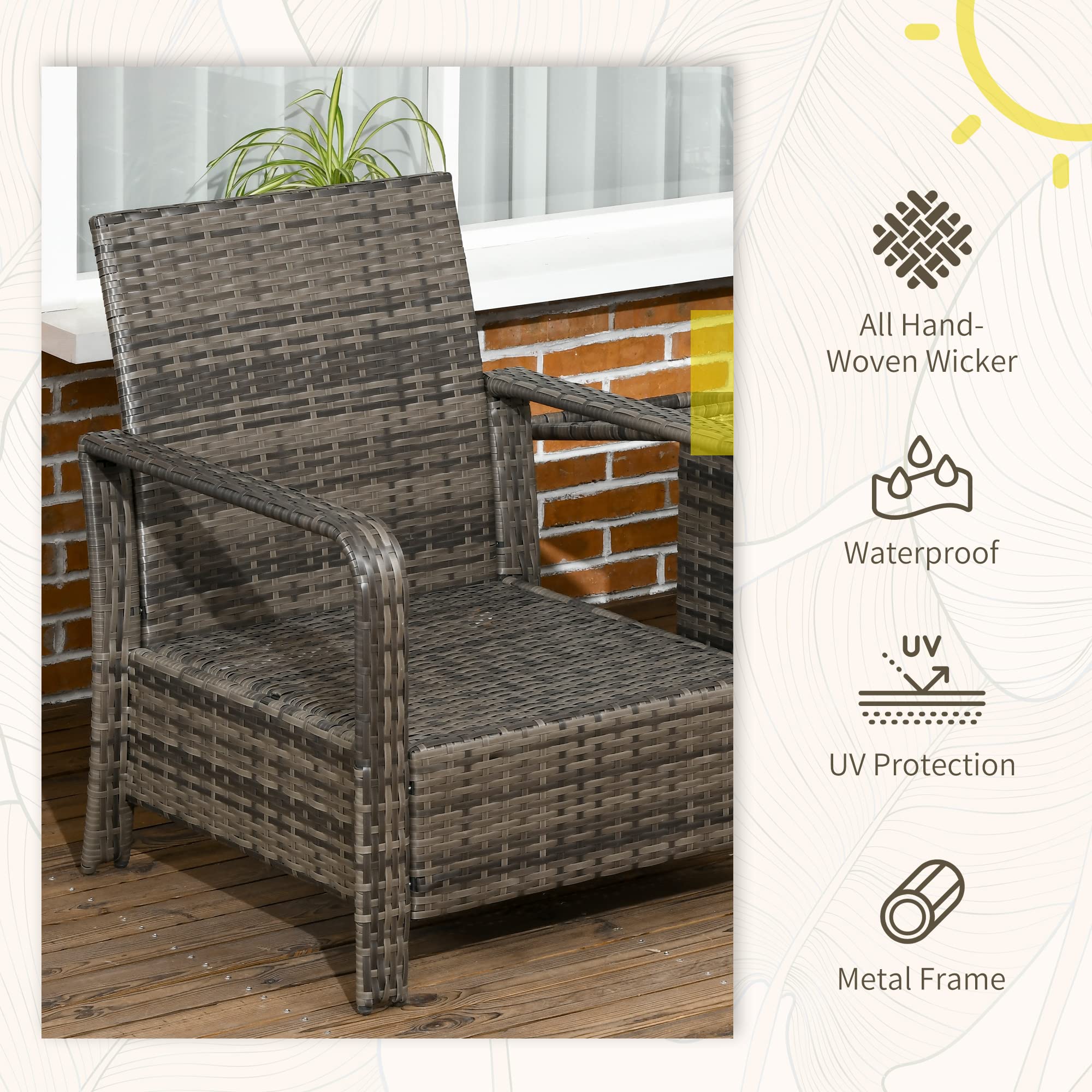 Outsunny 3 Piece Patio Furniture Set, PE Rattan Wicker Storage Table and Chairs w/Tufted Cushions for Outdoor Garden, Backyard, Poolside, Balcony, Beige