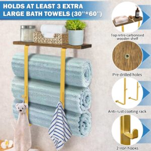 Ranslen Towel Racks Organizer for Bathroom Wall Mounted,Metal Towel Rack with Wooden Shelf and 2 Hooks,Black Storage Holder Organizer for Large/Small Towels,Hand Towels,Washcloths,Spa,RV,Matte Golden