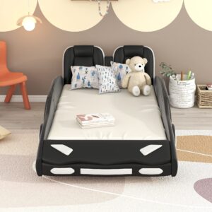 MERITLINE Twin Size Race Car Floor Bed with Wheels, Wooden Car-Shape Platform Bed with Support Slats, PU Leather Kid Beds for Kids Girls Boys Teens, No Spring Need,Black