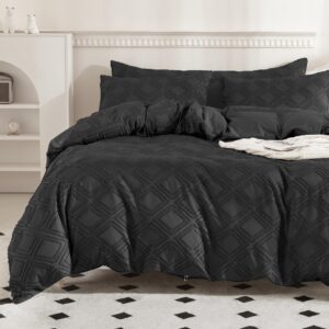 jellymoni black duvet cover twin size - 3 pcs microfiber tufted duvet cover set, boho textured duvet cover jacquard rhombus geometric pattern duvet cover with corner ties & zipper closure