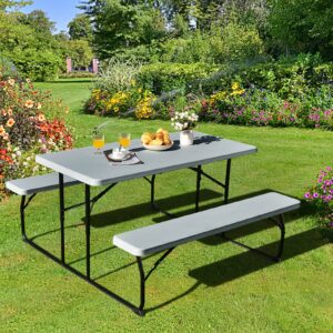 s afstar folding picnic table bench set, foldable picnic table with 2 benches, outdoor table and bench w/steel frame & wood-like texture tabletop, camping table chair set for garden patio lawn (black)