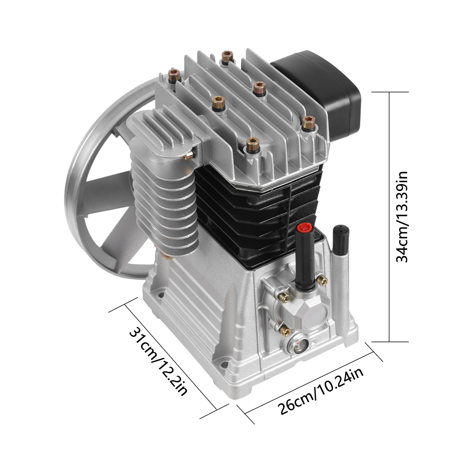 3HP Air Compressor Pump, Oil Lubricated Air Compressor Piston Pump Head Twin Cylinder Aluminum Air Compressor Head With Silencer and Screw, Breathing Nozzle 250L/min Cast Iron (2065-2.2KW-3HP)