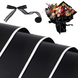 kosotody 20 sheets waterproof floral wrapping paper,florist bouquet packaging paper with ribbon, 22.8x22.8 inch (white edge black)