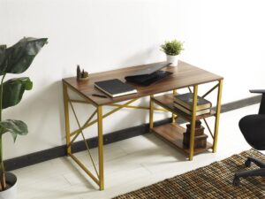 lls computer desk, work table writing desk gaming table workstation with 47" wooden top & 2 shelves, writing sturdy table computer desk with gold metal frame for home office furnish store, brown