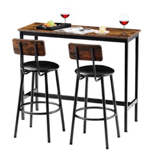 tatub bar table and 2 chairs set, industrial style bar stools pu upholstery seat with backrest, 3 pieces pub dining table set for kitchen, apartment, small space, brown