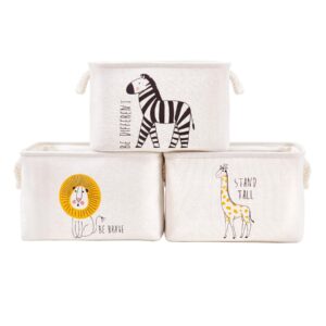 decomomo storage baskets for shelves 25.5l canvas storage bin for baby laundry, kids toys, nursery- closet storage bins for shelves (lion, zebra, giraffe – 3 pack / large)