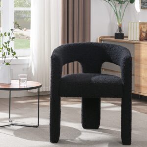 modern sherpa barrel dining chair upholstered faux fur dining room chair with arm comfy accent side chair for kitchen/living room/reception, black