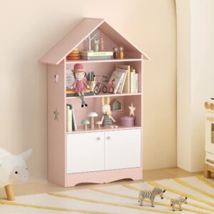 curipeer kids dollhouse bookshelf, large wooden kids bookshelf and toy storage with doors, 3-tier open display organizer and 1-tier hidden storage dollhouse bookcase for ages 3-7, pink