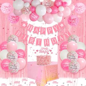 pink birthday decorations, birthday decorations for girls, pink and white balloons happy birthday banner tablecloth paper pom poms foil fringe curtain for kids women birthday pink party supplies