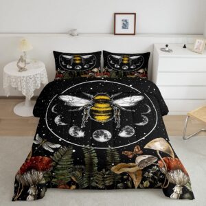 erosebridal boho bee bedding king moon print comforter set wild fungus bedding comforters & sets chic wildlife duvet set mushroom green leaves quilt set animal and botanical theme home decor, black