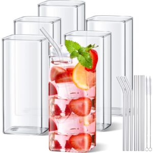 6 pieces square drinking glasses 13 oz square glass cups modern highball glasses thin cute cocktail glasses glassware with straws and straw brushes for coffee water juice beer mixed drink tumbler