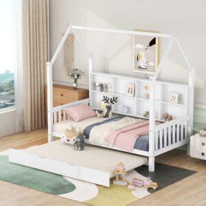 harper & bright designs twin size house bed with trundle, wood twin house bed frame with shelf compartment, twin house bed for kids with roof for girls, boys,no box spring needed, white