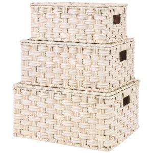 granny says wicker storage baskets with lids, set of 3 decorative storage boxes, woven baskets for storage, baskets for organizing, nesting woven basket for shelves, butter milk, 3-pack