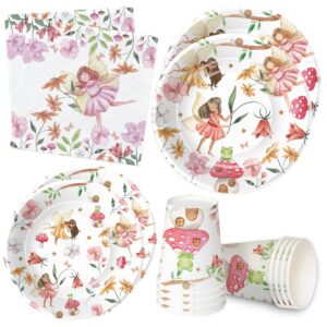 xigejob fairy birthday party supplies - fairy party decorations dinnerware for birthday & baby shower, plate, cup, napkin, flower fairies enchanted forest garden theme party supplies | serve 24