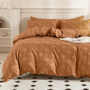 jellymoni rust duvet cover full size - 3 pcs microfiber tufted duvet cover set, boho textured duvet cover jacquard rhombus geometric pattern duvet cover with corner ties & zipper closure