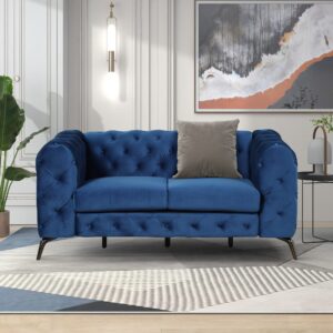 p purlove modern loveseat sofa with sturdy metal legs, velvet upholstered loveseat sofa with button tufted back, 2-person loveseat sofa couch for living room,bedroom,or small space, blue