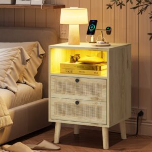 viagdo rattan nightstand with charging station, led night stand with 2 rattan drawers, bedside tables with solid wood feet, end side table with open storage shelf for bedroom