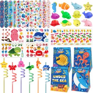 under the sea party favors 72 pcs ocean sea animals theme slap bracelets squishy toys diy stickers temporary tattoos plastic straws gift bags for kids birthday party baby shower goodie bag fillers