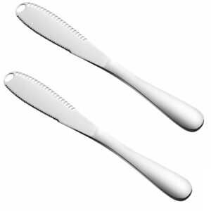 qishing stainless steel butter spreader knife ，spreader slicer and butter curler knife with serrated edge for cutting and spreading butter cheese jam，3 in 1 kitchen gadgets (2 pack)