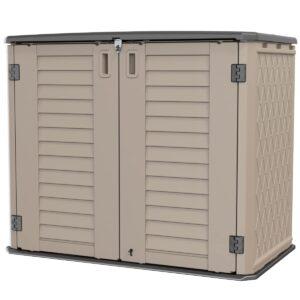 kinying outdoor storage shed - horizontal storage box waterproof for garden, patios, backyards, multi-opening door for easy storage of garbage cans, tools, lawn mower, 26 cubic feet,brown