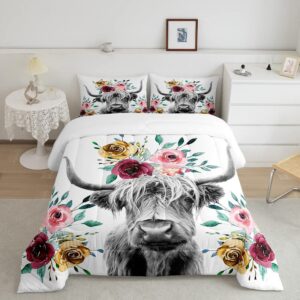 feelyou cow comforter set highland cattle flowers comforter floral printed bedding set for kids adults 1 comforter & 1 pillowcase