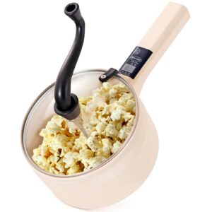 multifunctional electric hot pot cooker, upgraded non-stick stainless steel 1l mini portable lazy pot popcorn ramen maker for steak egg soup travel with long handle power adjustment milky white