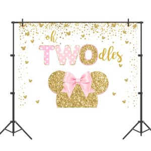 Cartoon Pink Golden Mouse 2nd Birthday Backdrop for Girls Oh Twodles Mouse Happy 2nd Birthday Party Decorations Girl Princess Birthday Party Banner Cake Table Decor 5x3ft