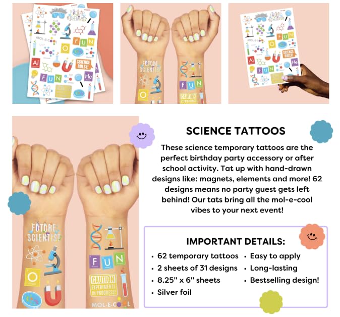 xo, Fetti Science Party Temporary Tattoos - 62 Silver Foil Styles | Future Mad Scientist Birthday Party Supplies, Educational Science Favors, Scientific Arts and Crafts